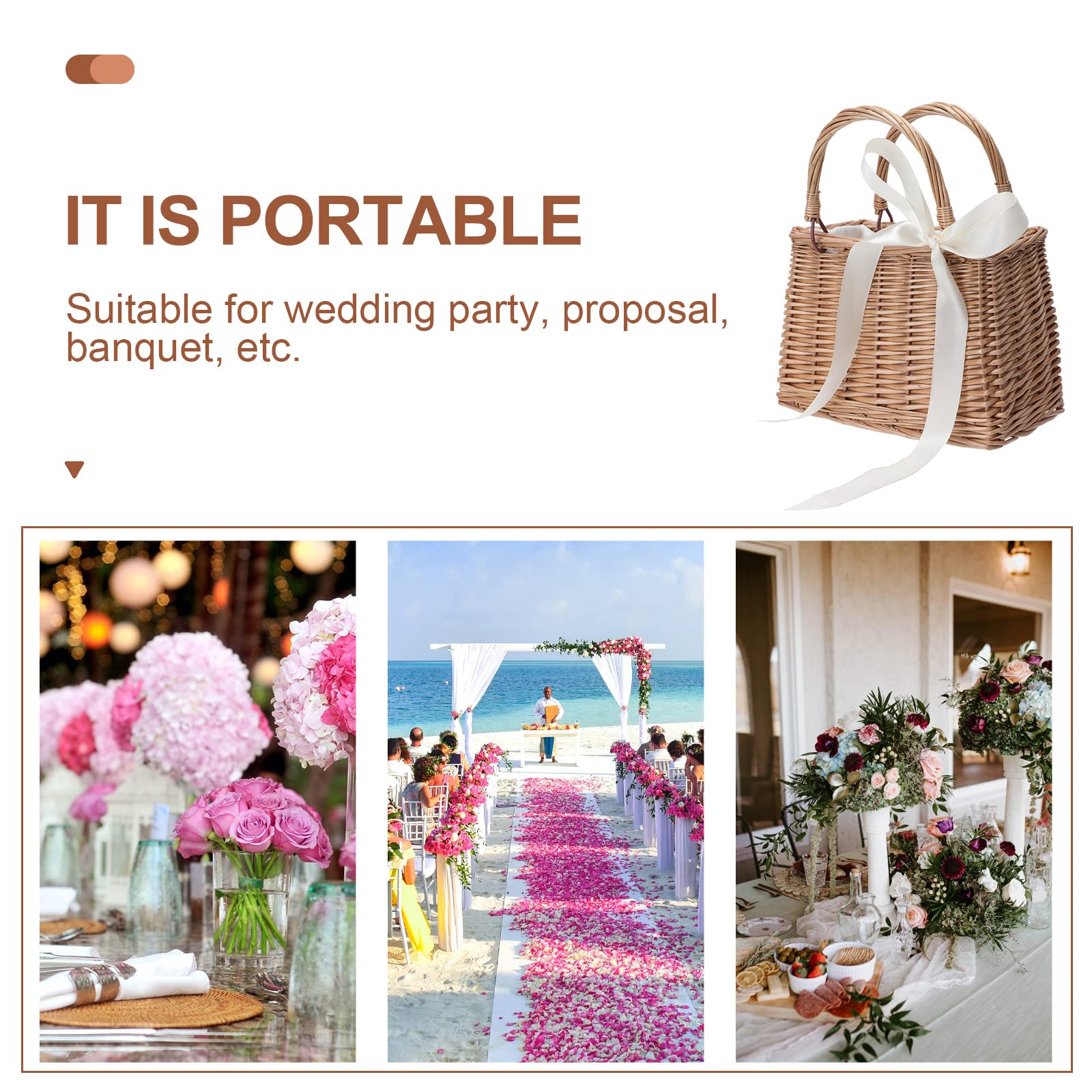 CARMELIT Flower Girl Basket Boho Style Rattan Baskets with White Ribbon for Weddings, Classic Wicker Handbag Basket Purse Basket Bags Women Straw Tote with Handle