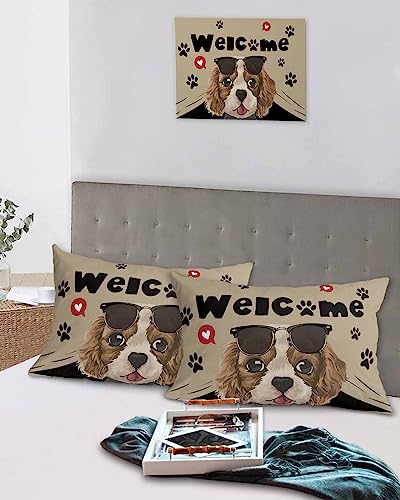 Edwiinsa Cute Love Heart Dog Pillow Covers Standard Size Set of 2 20x26 Bed Pillow, Black Paws Rustic Beige Welcome Plush Soft Comfort for Hair/Skin Cooling Pillowcases with Envelop Closure