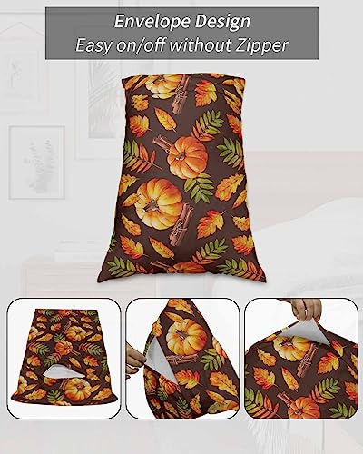 Edwiinsa Fall Pumpkin Pillow Covers Standard Size Set of 2 Bed Pillow, Brown Autumn Maple Leaves Farmhouse Plush Soft Comfort for Hair/Skin Cooling Pillowcases with Envelop Closure 20''x26''