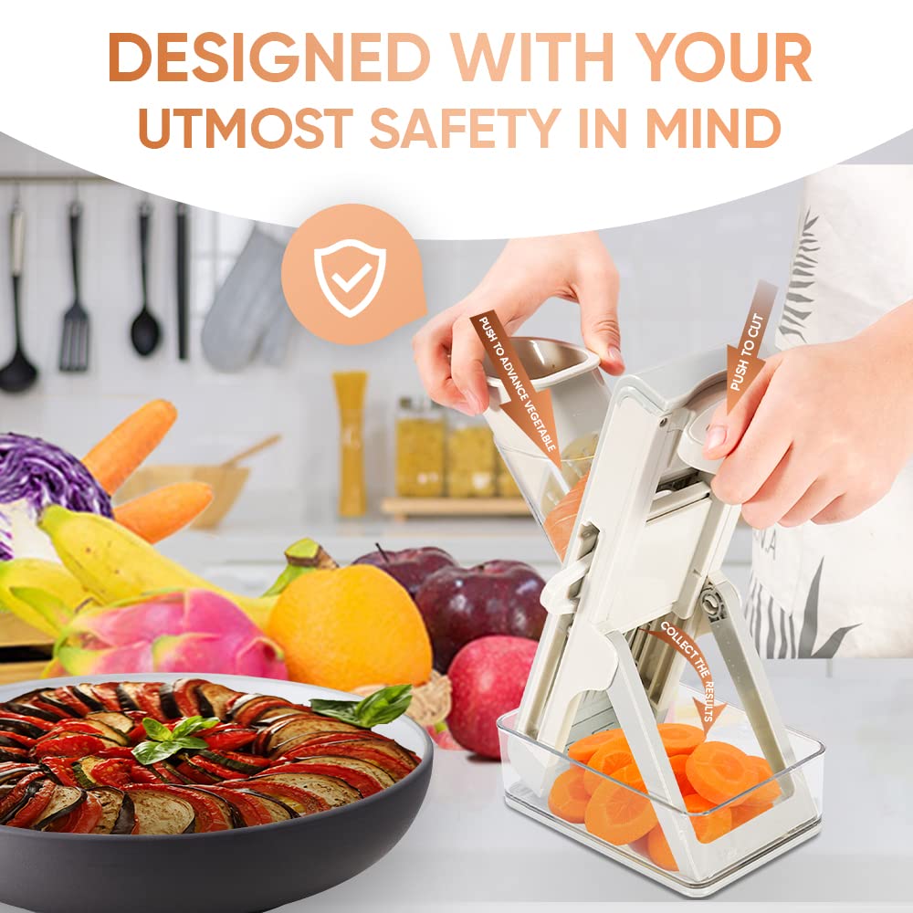 Brieftons Safe Mandoline Slicer for Kitchen, Injury-Free Design, 3 Cutting Modes & 2 Thickness Levels to Slice, Dice, Chop, Julienne Vegetables, with Container/Lid, Cleaning Brush & 5 Recipe Ebooks