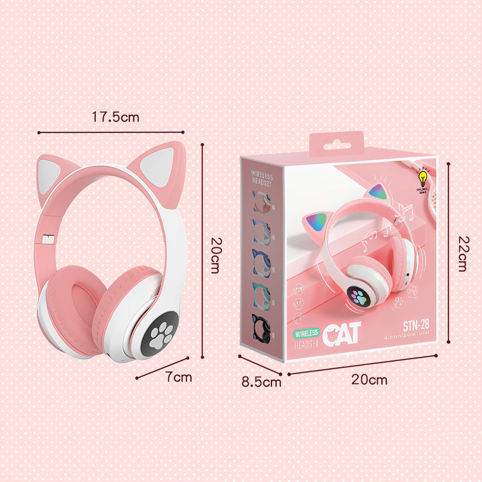 Cat Ear Headphones, Bluetooth 5.0 Cute Cat Ear Headphones Foldable HiFi Sound Quality Stereo Effect Rainbow Light Effect Kitty Gaming Headset for Kids Boys Girls PC Laptops Smartphones