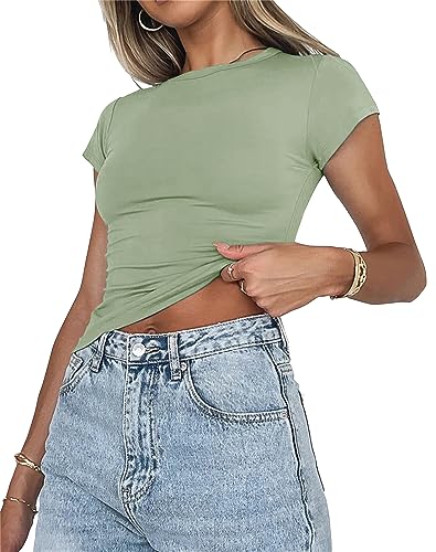 PRIMODA Women's Short Sleeve Slim Fitted Tee Shirt Top Basic Casual Crew Neck Workout Crop Top (Light Green S)