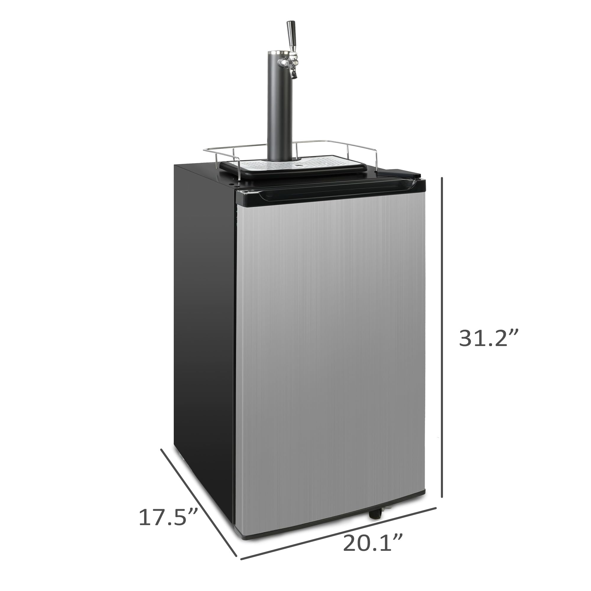 Keg Beer Cooler - 3.4 Cu.Ft. Capacity Kegerator w/ 4 Casters, CO2 Cylinder, Temperature Control - Black & Stainless Steel Finish