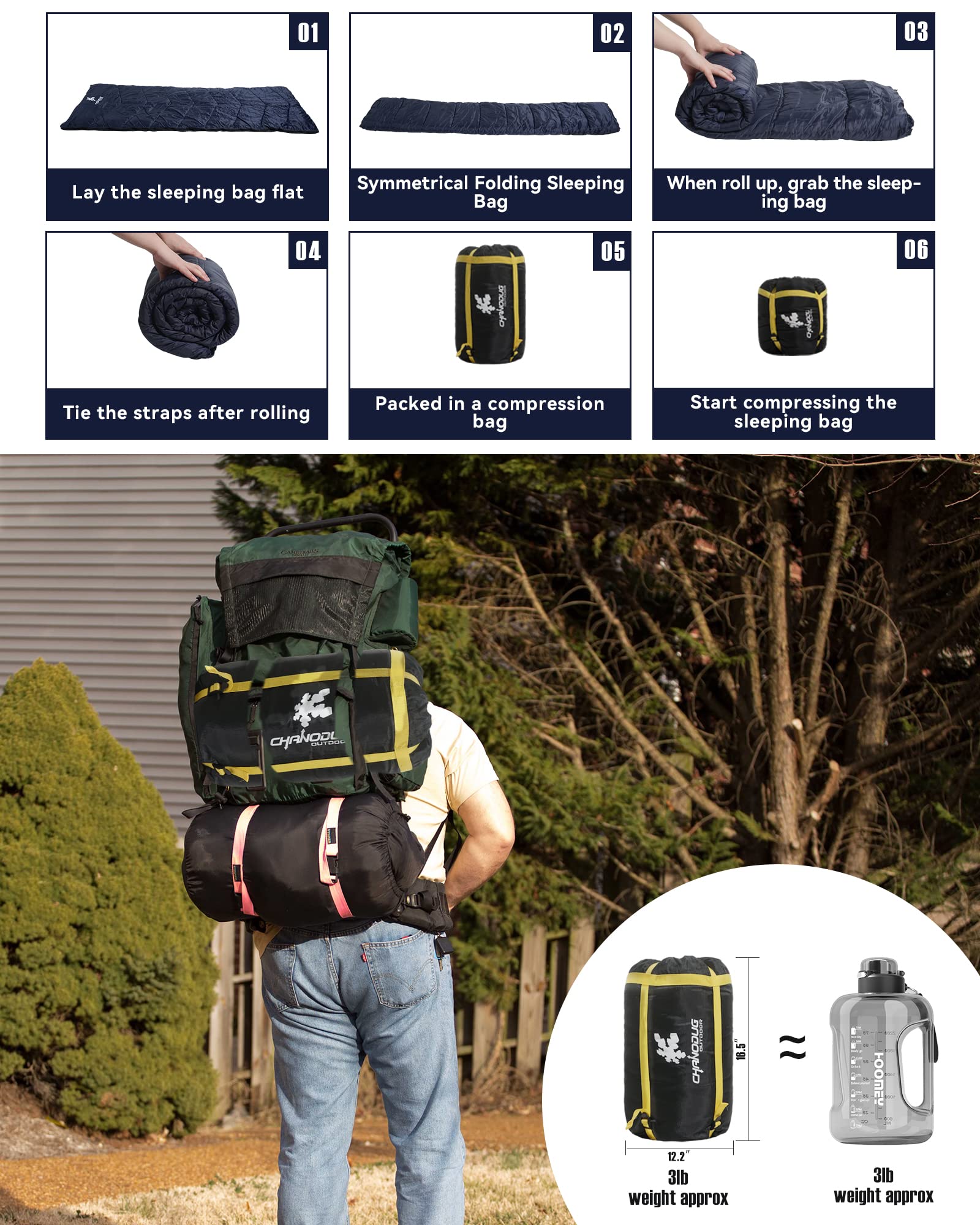 CHANODUG Camping Sleeping Bag for Adults and Kids -Lightweight Backpacking Sleeping Bags with Compression Sack - Portable Outdoor Hiking Survival Gear Waterproof Sleeping Bag for Warm & Cold Weather