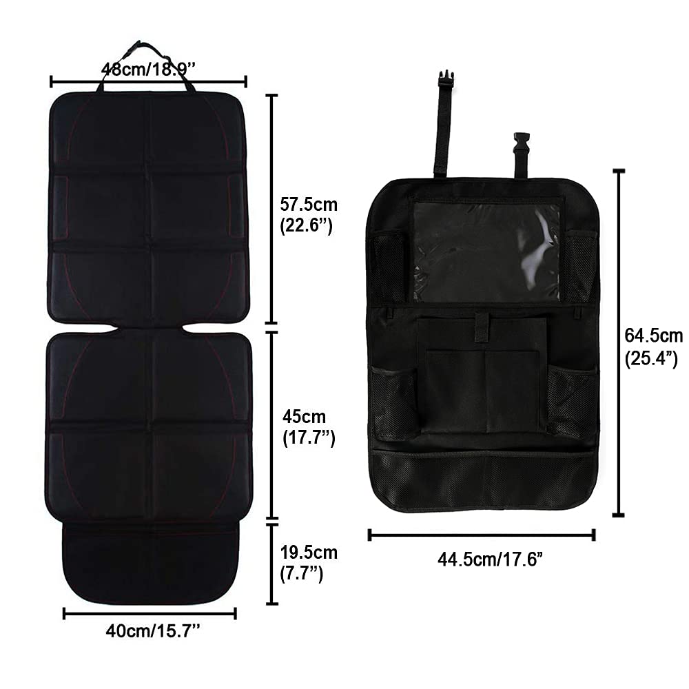 Car Seat Protector + Back Kick Mat Organizer, Black - Waterproof Seat Cover Padding Protector Upholstery Premium Durable Construction Convertible Seat Cover Pad with Backseat Organizer for Baby