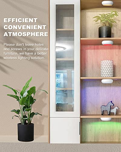 GANA Puck Lights with Remote, Wireless RGBW LED Under Cabinet Lights, 700mAh USB-C Rechargeable Battery Operated Tap Lights, Timed Off, 7 Colors & 3 Modes Dimmable for Closet Bedroom Stairs (1Pack)