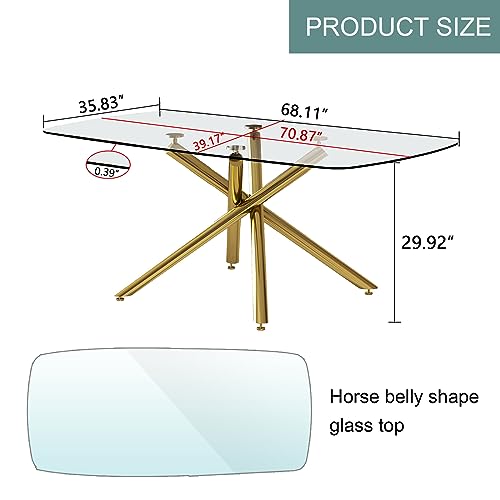 FURNITO Glass Dining Table,Gold Dining Room Table,Transparent Glass Kitchen Table with Golden Chrome Legs,71'' Oval Glass Dining Table Ideal for Living Room Home Office(6-8 People)