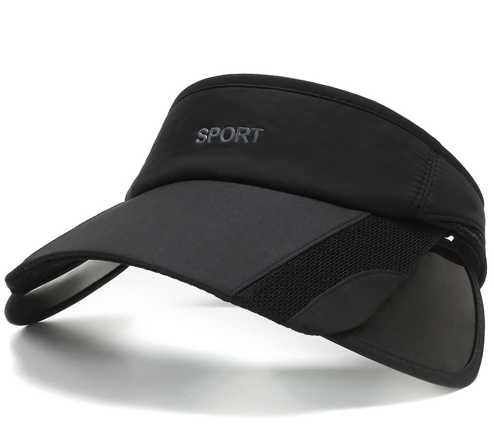 Men Women Sun Protection Sports Visor Hats Summer Wide Brim Adjustable Golf Tennis (Black, One Size)