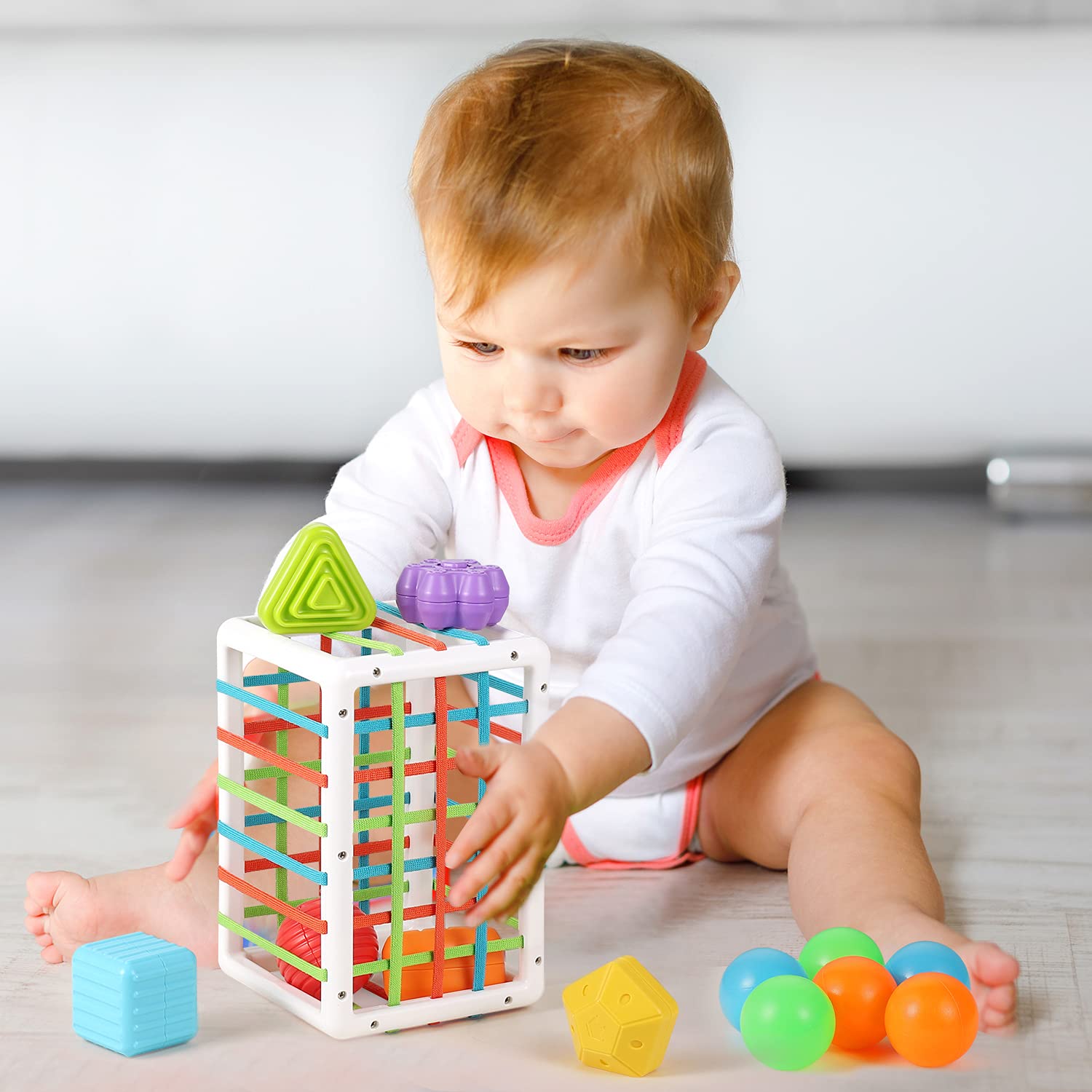 Tiyol Shape Sorter One Year Old Toys, Developmental Montessori Learning, Storage Cube Bin & 6 Sensory Shape Blocks, Fine Motor Skills, Birthday Gifts Toddler Boy Girl Age 1 2 3 (+6 Ocean Balls)
