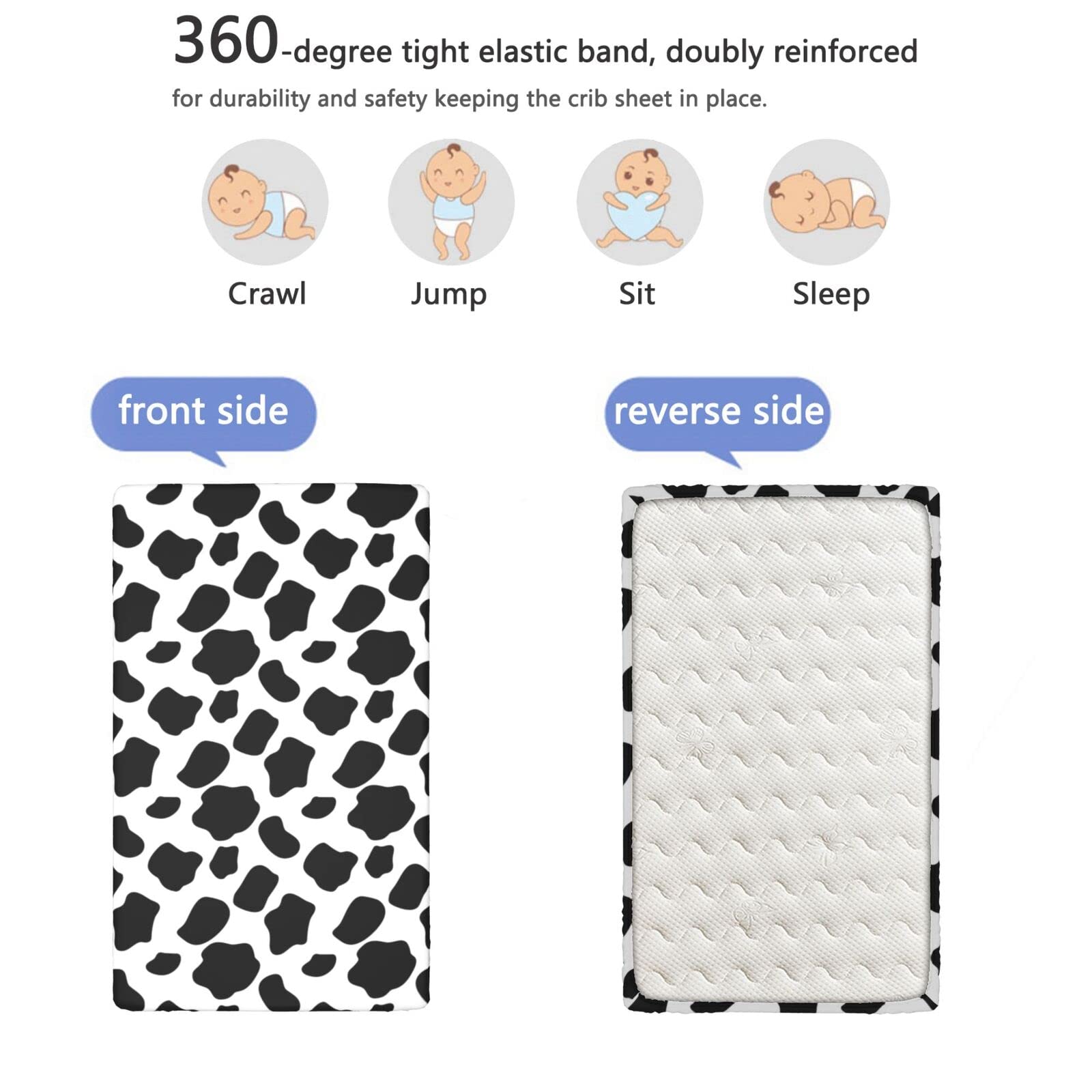 Cow Print Themed Fitted Mini Crib Sheets,Portable Mini Crib Sheets Soft & Stretchy Polyester Fitted Crib Sheet -Crib Mattress Sheet or Toddler Bed Sheet,24β x38β,White Black