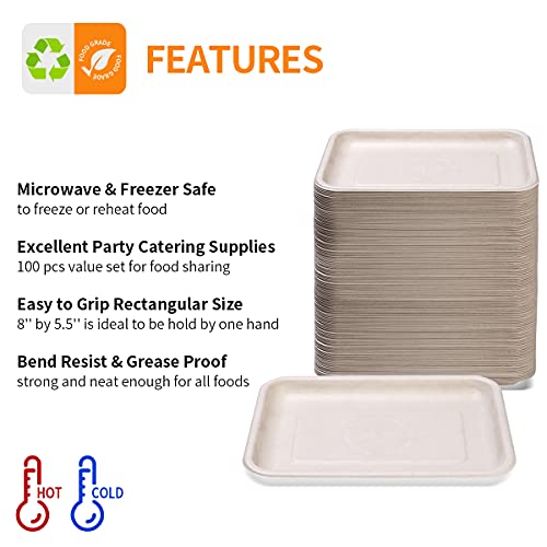 Celel 100 Pack 8 Inch Rectangle Paper Plates Heavy Duty, Bend-Resist Compostable 8 inch Disposable Trays for Taco, Burrito, Meat, Hot Dog