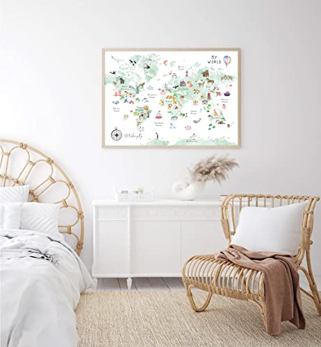 Joocrise Green Kids World Map Wall Art Animal Map Canvas Wall Art Educational Wall Art Nursery Wall Decor World Map Poster Childrens Room Decor Playroom Prints 16x24 Inch Unframed