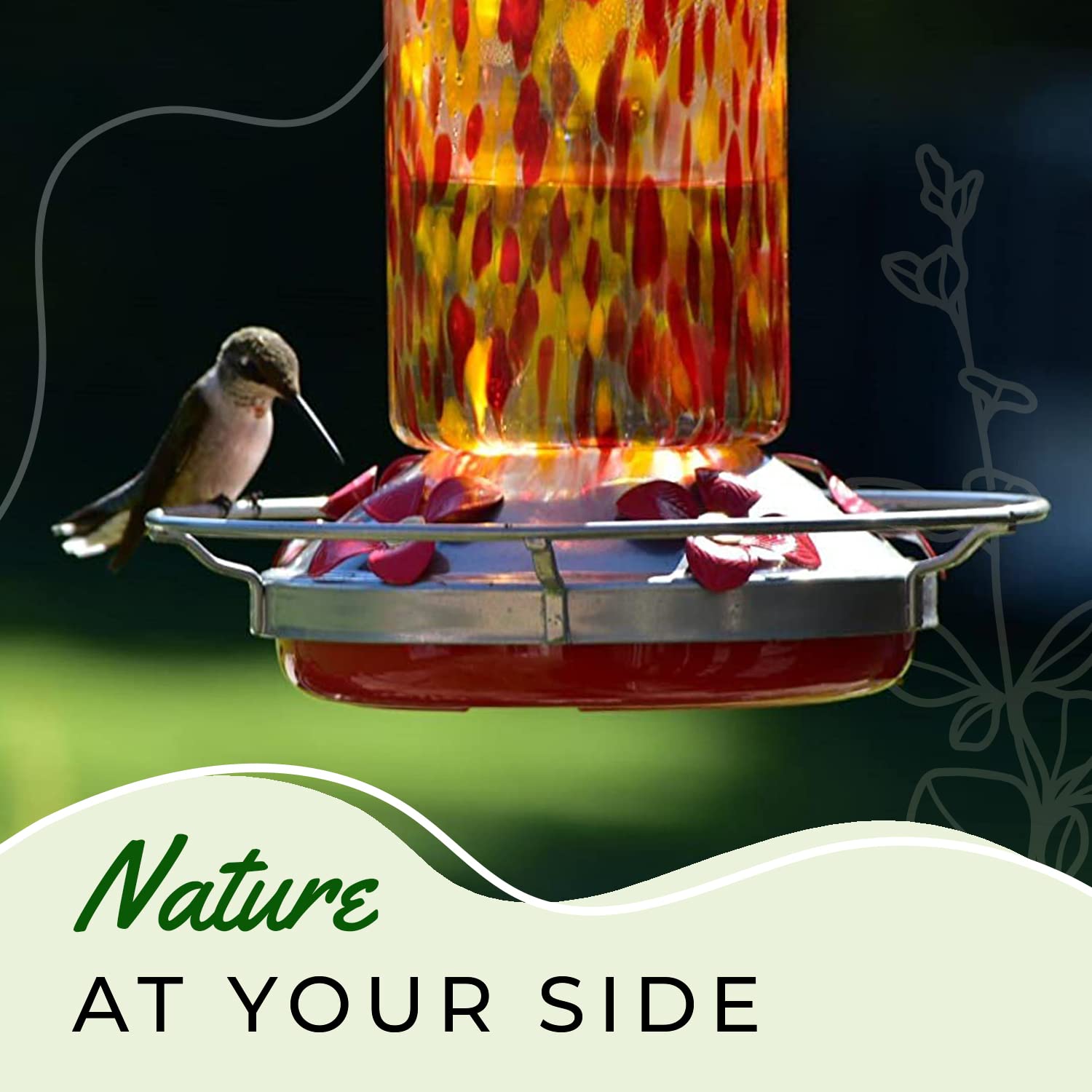 Grateful Gnome Hummingbird Feeder for Outdoors Hanging Hand Blown Glass Fiery Bell Tower 20 Fluid Ounces Free Bonus Accessories S-Hook, Ant Moat, Brush and Hemp Rope Included