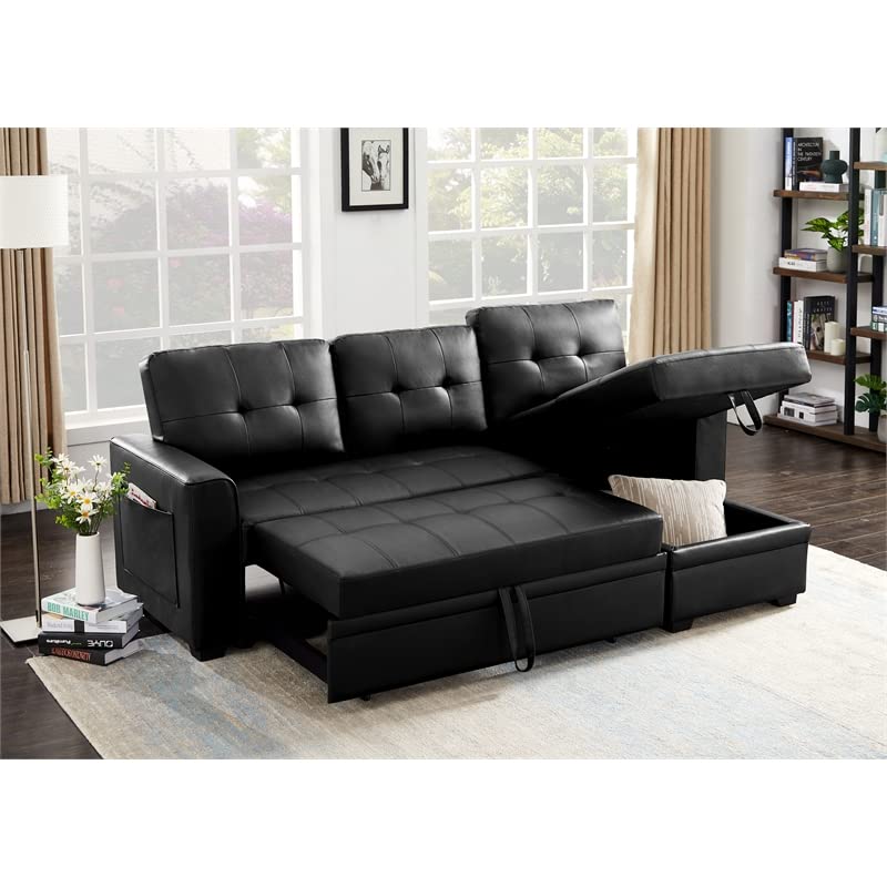 INFINI FURNISHINGS Reversible Faux Leather Pocket Sleeper Sofa in Black