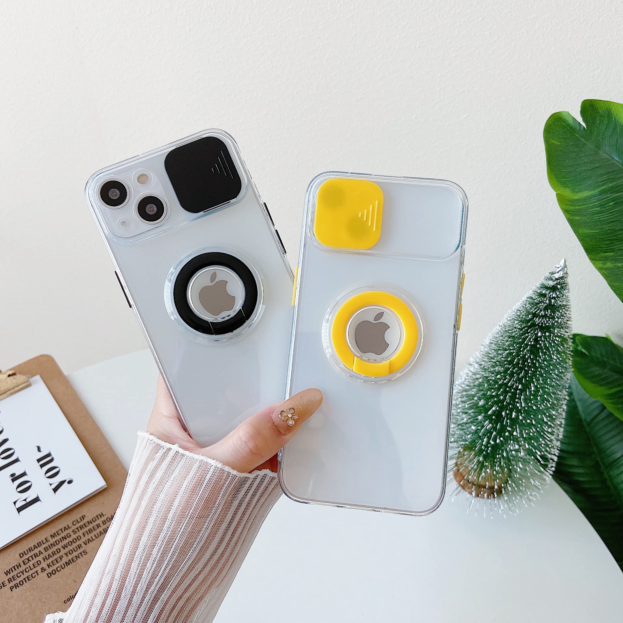 Caseative Candy Color Ring Holder Slide Lens Camera Cover Protection Clear Soft Compatible with iPhone Case (Orange,iPhone 13)