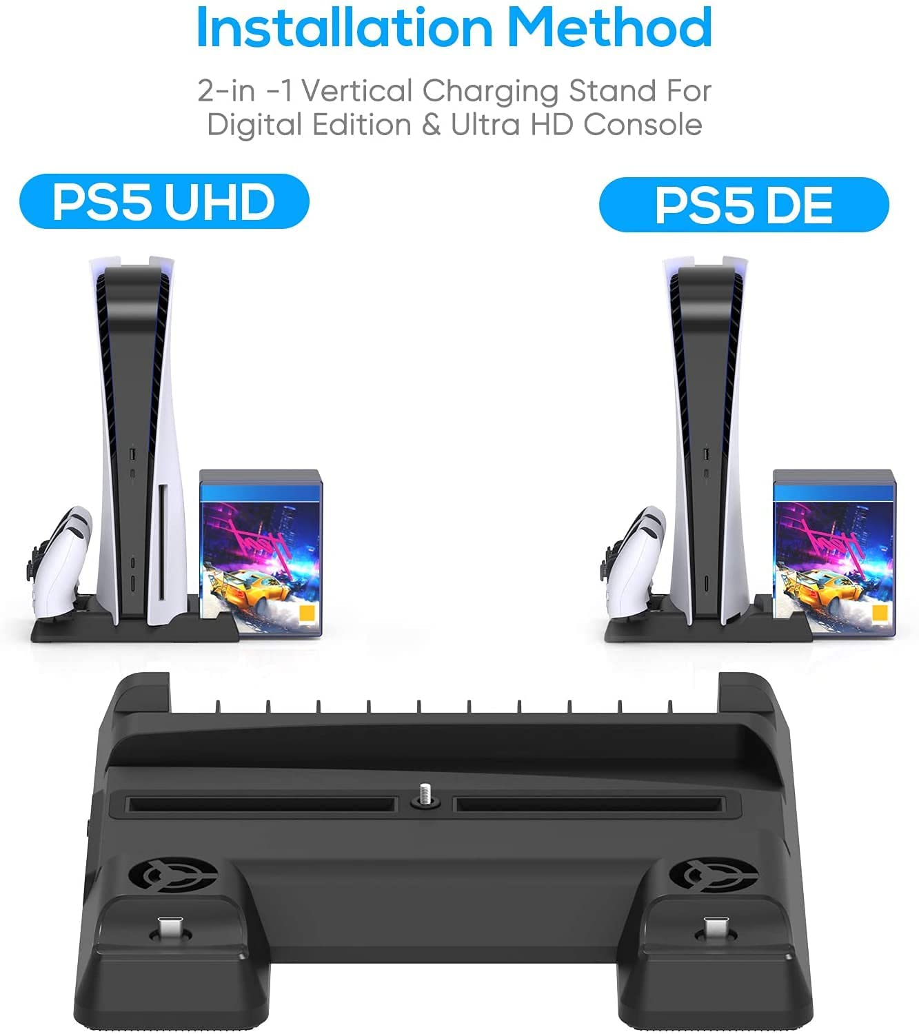 Tobo Cooling Stand for PS5 Dual Controller Charging Stand Charging Dock Vertical Stand for PS5 Playstation5 Digital Edition/Ultra HD Disc Edition with 11pcs Game Rack Organizer TD-385GA