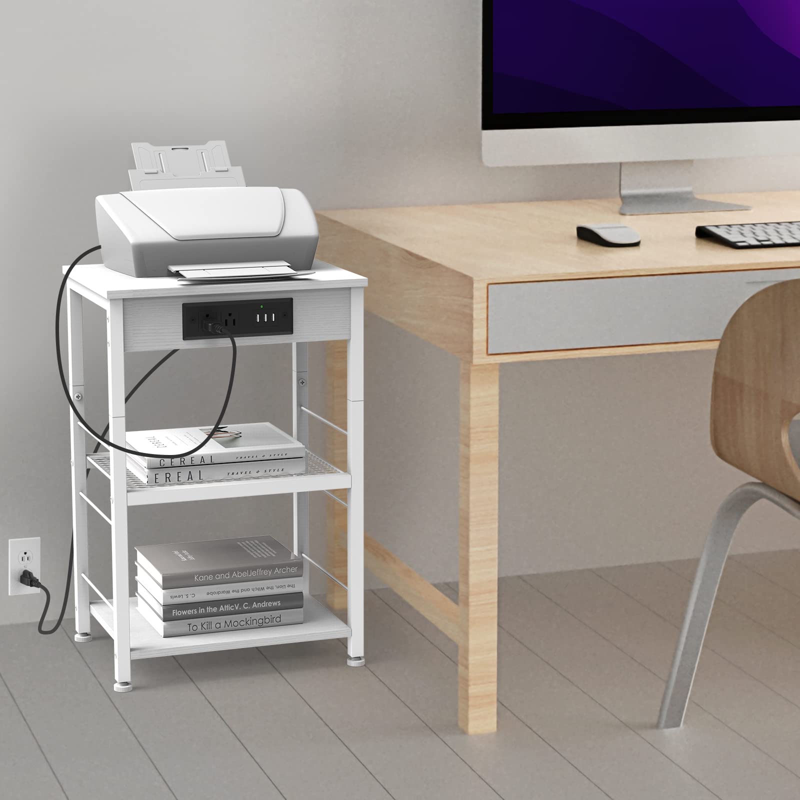 NOVIMANGO Nightstand with Charging Station End Tables White Side Table with USB Ports & Outlets Small Bedside Table with 3 Tier Storage Night Stand Table in Bedroom Living Room Dorm Office
