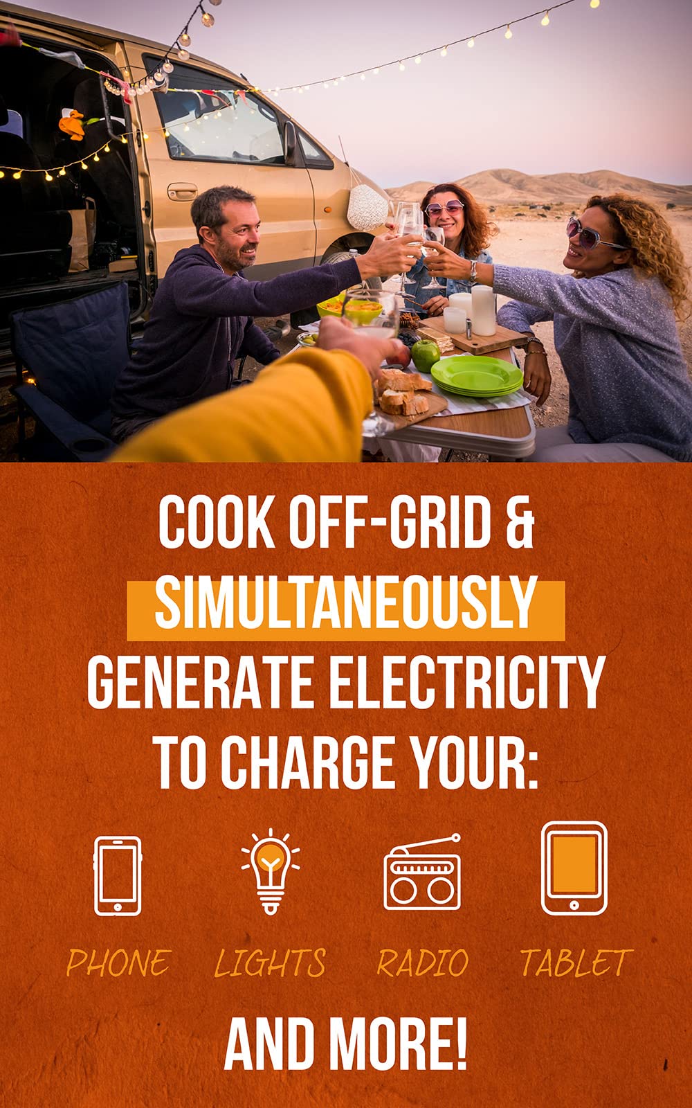 Drifters Portable Thermo-Electric Camp Stove for Wood, Pellet, Charcoal Cooking with Built-In Electricity Generator, 6000 mAH Battery and USB Plugs