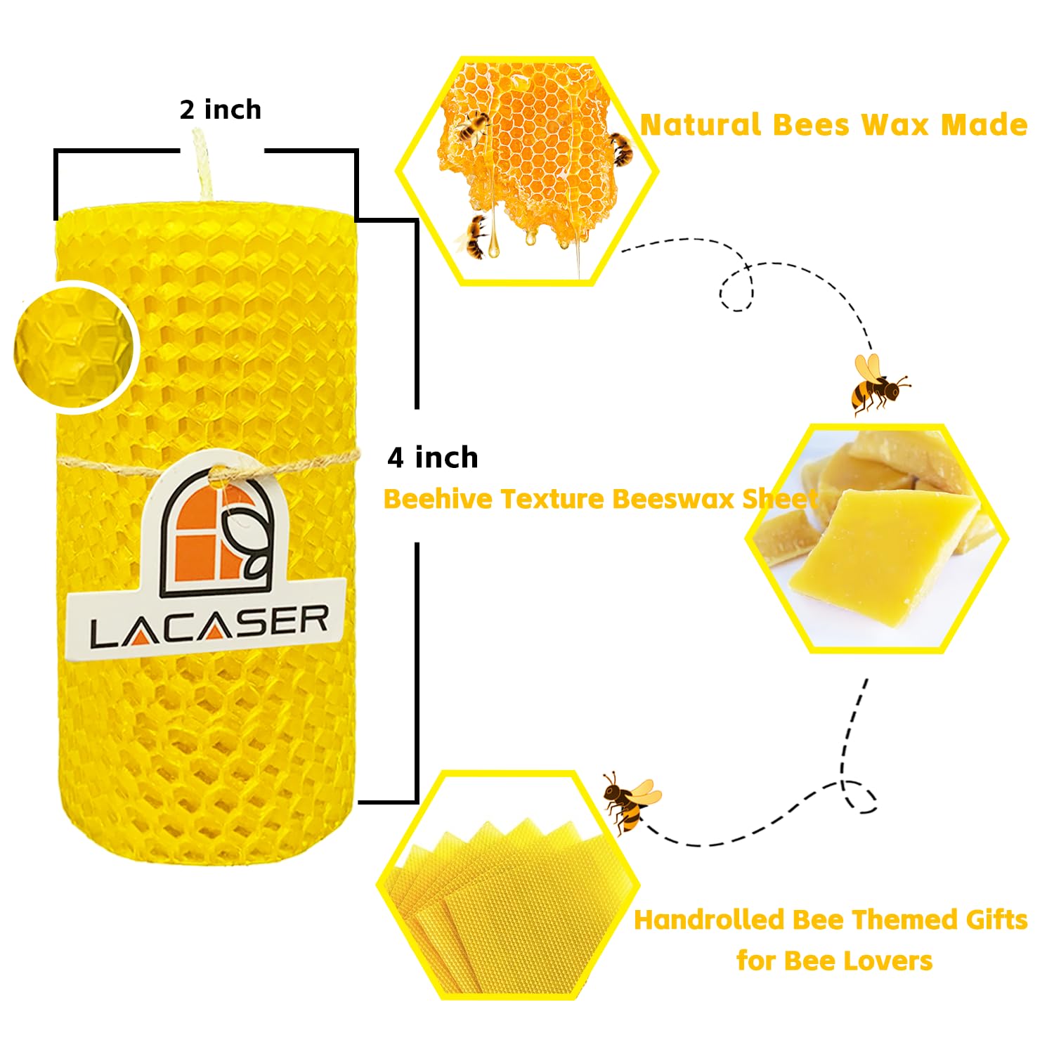 Lacaser Beeswax Pillar Candles Set of 2, 2"x4" Honey Candles,Unscented & Dripless & Smokeless,7 Hours Burn Time Each, Yellow