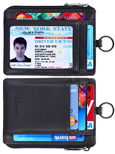 kinzd Slim Minimalist Zipper Credit Card Holder Leather Front Pocket Wallet with Keychain Ring Lanyard Strap
