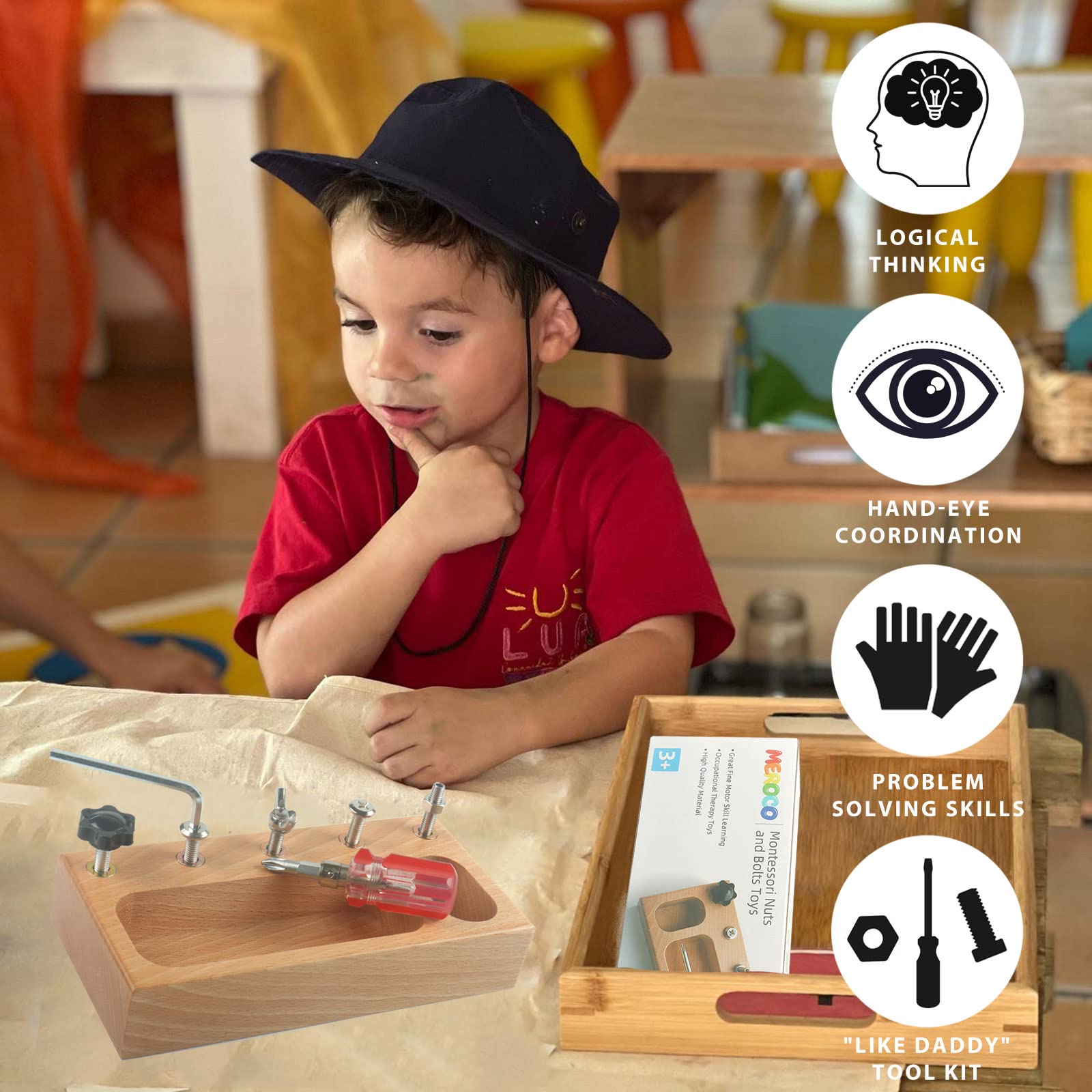 MEROCO Montessori Screw Driver Board for Kids Montessori Materials Basic Skills Educational Learning Toys for 3 4 5 Year Old Kids Toddlers Sensory Montessori Toy Preschool Classroom Fine Motor Skills