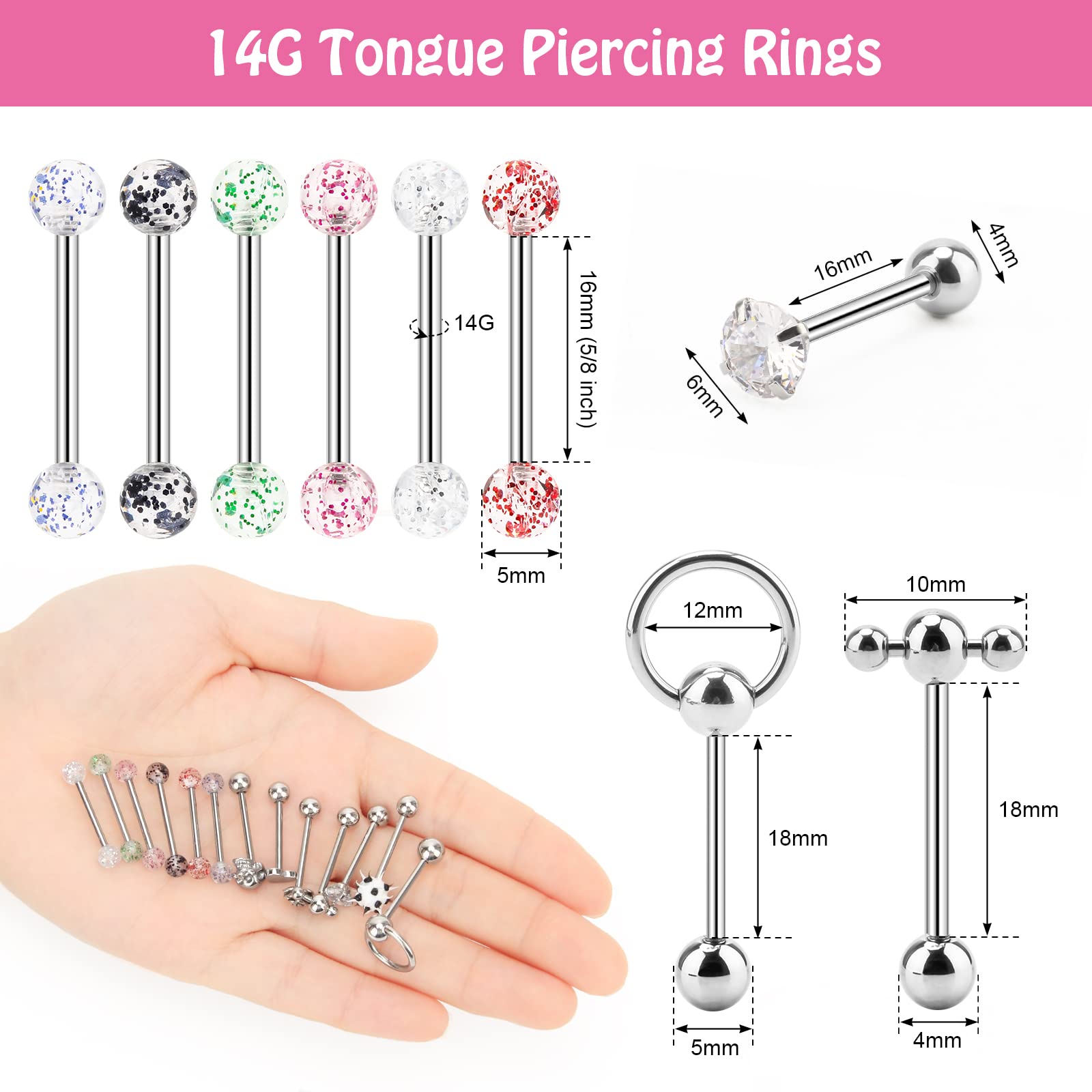 CrazyPiercing Assorted Tongue Rings, 14G Stainless Steel Tongue Piercing Rings Assorted Barbell bar Nipple Cute Tongue Rings for Women Men(13PCS)