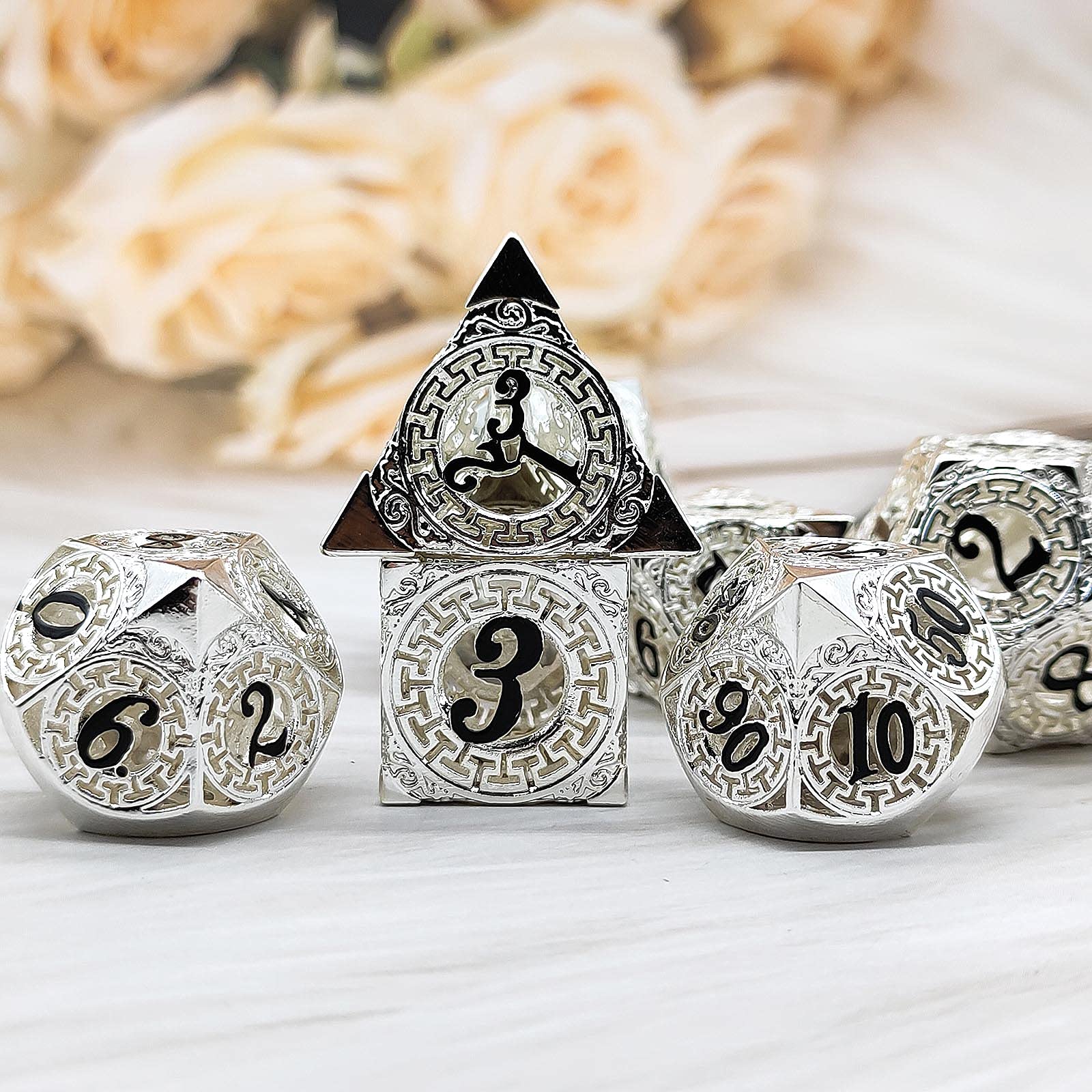 Metal Dice Set 7pcs DND - Table Game RPG Hollow Dice Silver and Black, with Metal Gift Box, Suitable for Dungeon and Dragon D&D MTG, Math Teaching, Polyhedron D4 D6 D8 D10 D10% D20