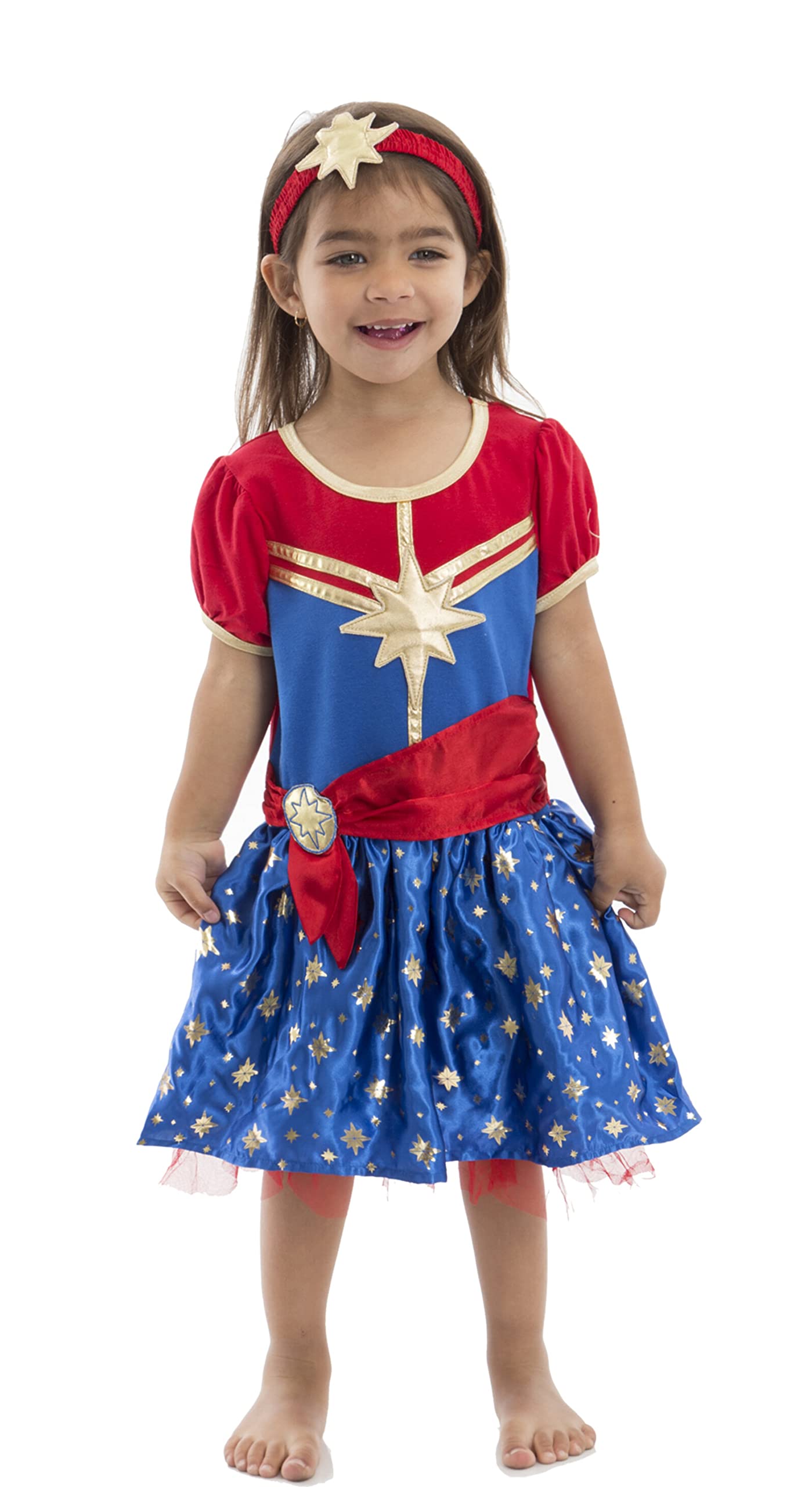 Marvel Avengers Captain Marvel Little Girls Tulle Cosplay Dress and Headband Red 7-8