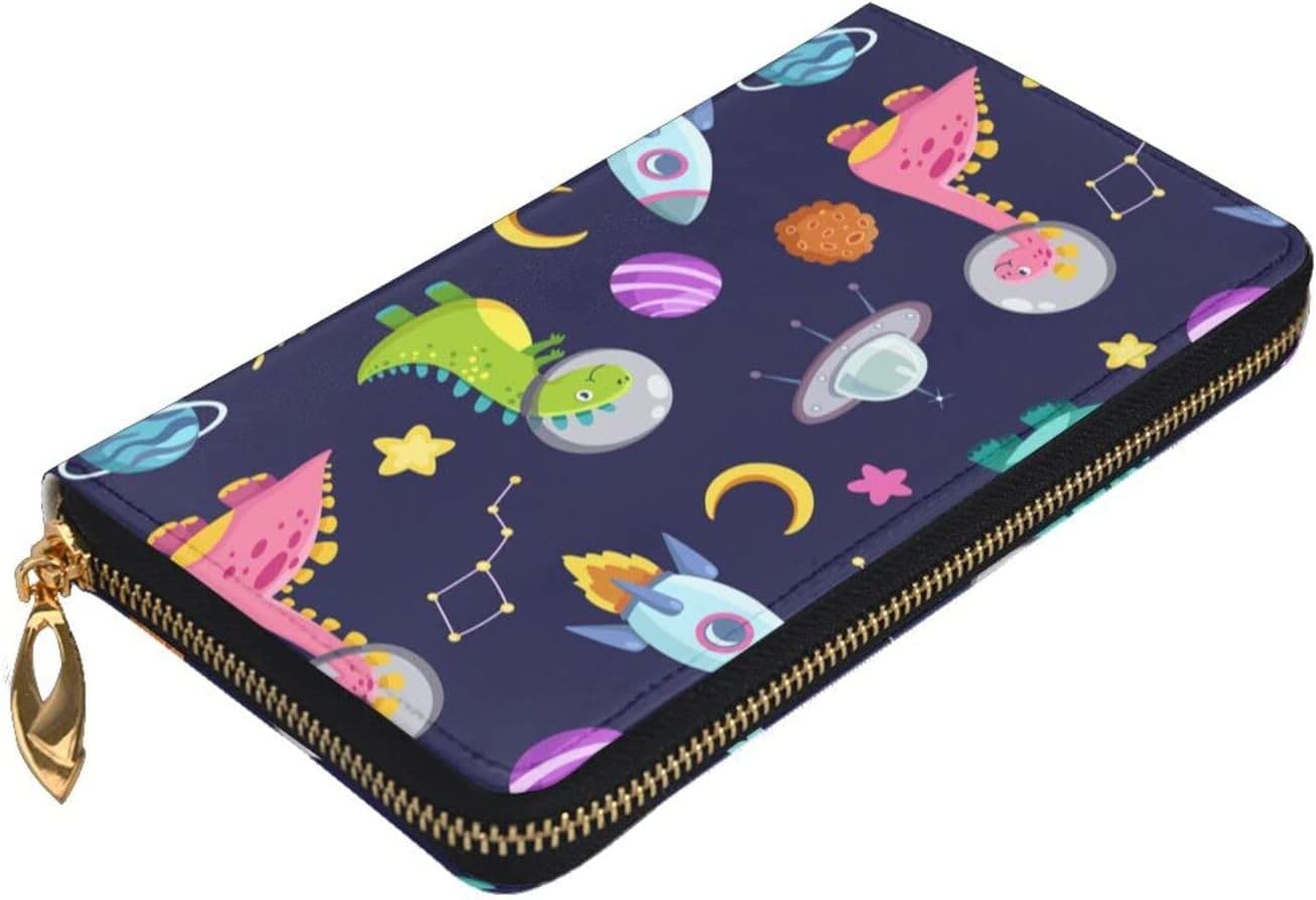 Dinosaur Space Galaxy Nebula Moon Leather Wallet Long Clutch Purse Fashion Wristlet Handbag