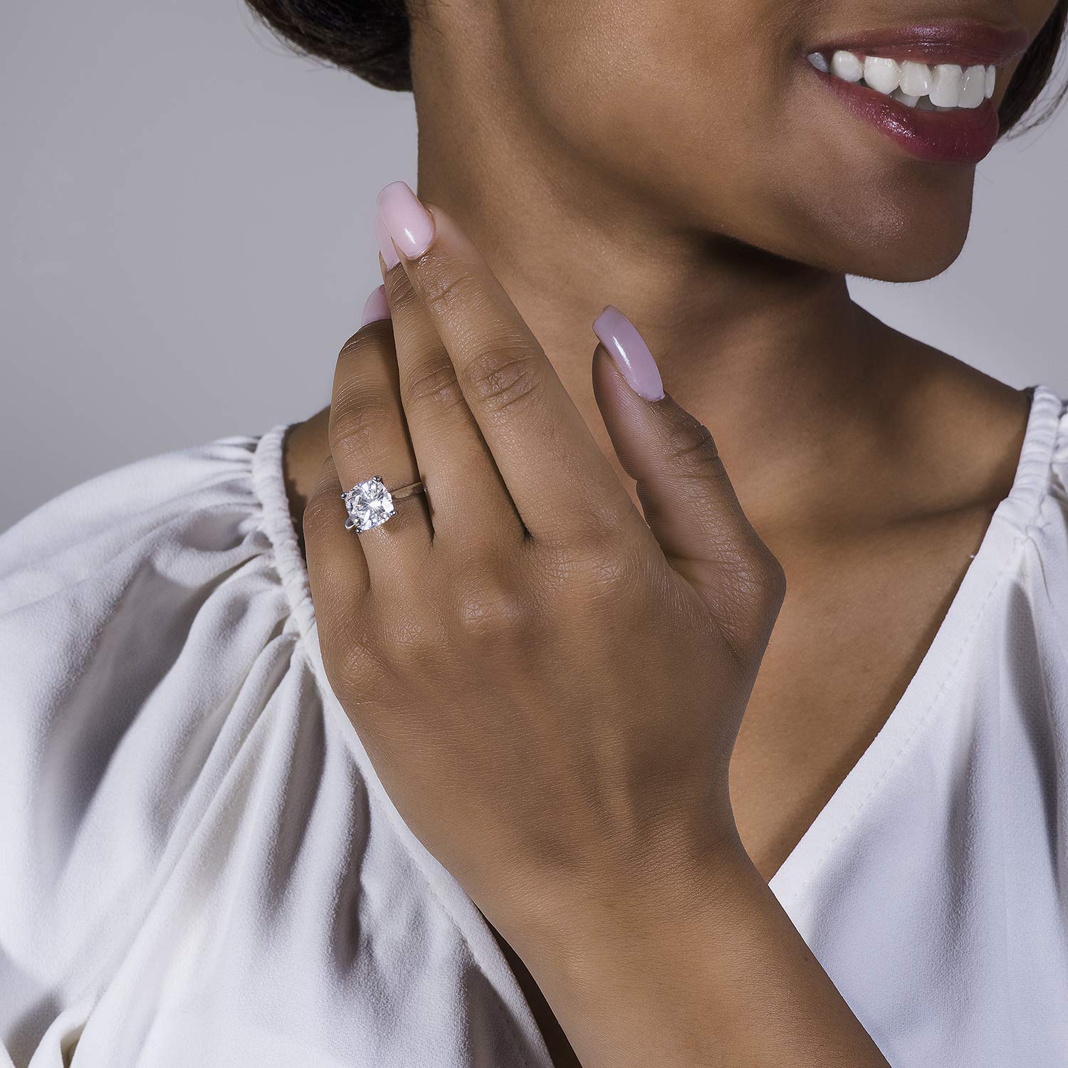 Charles & Colvard Created Moissanite 9.5mm Cushion Cut Engagement Ring for Women | 4.2 cttw DEW | Lab Grown | Solid 14K White Gold with Rhodium | Size 4