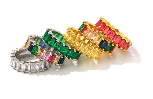 COLORFUL BLING Zircon Flash Diamond Bar Ring Inlaid Square Diamond Engagement Rainbow Ring Hand Jewelry-Sliver Size7