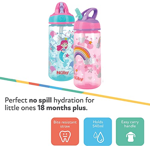 Nuby 2 Pack Iridescent Flip-it Kids On-The-Go Printed Water Bottle with Bite Proof Hard Straw - 18oz / 540 ml, 18+ Months, 2 pk Prints May Vary