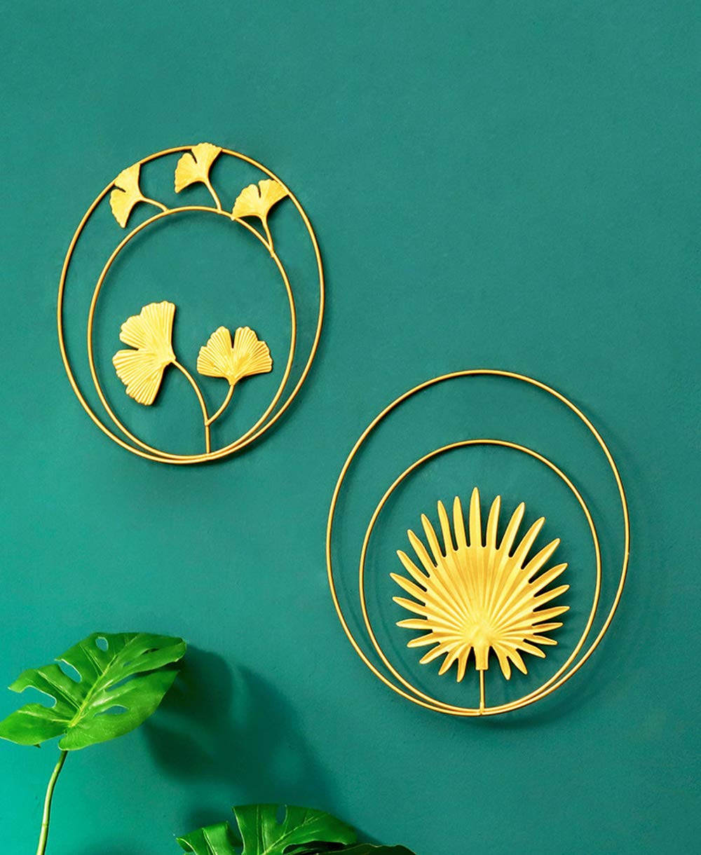 samanoya Iron Wall Sculptures,Metal Round Room Decor and Home Decor with Hanging Leaf Gingko Ornaments Great for Bedroom Hotel Wall Decoration (Gold（Round Square Suit）)