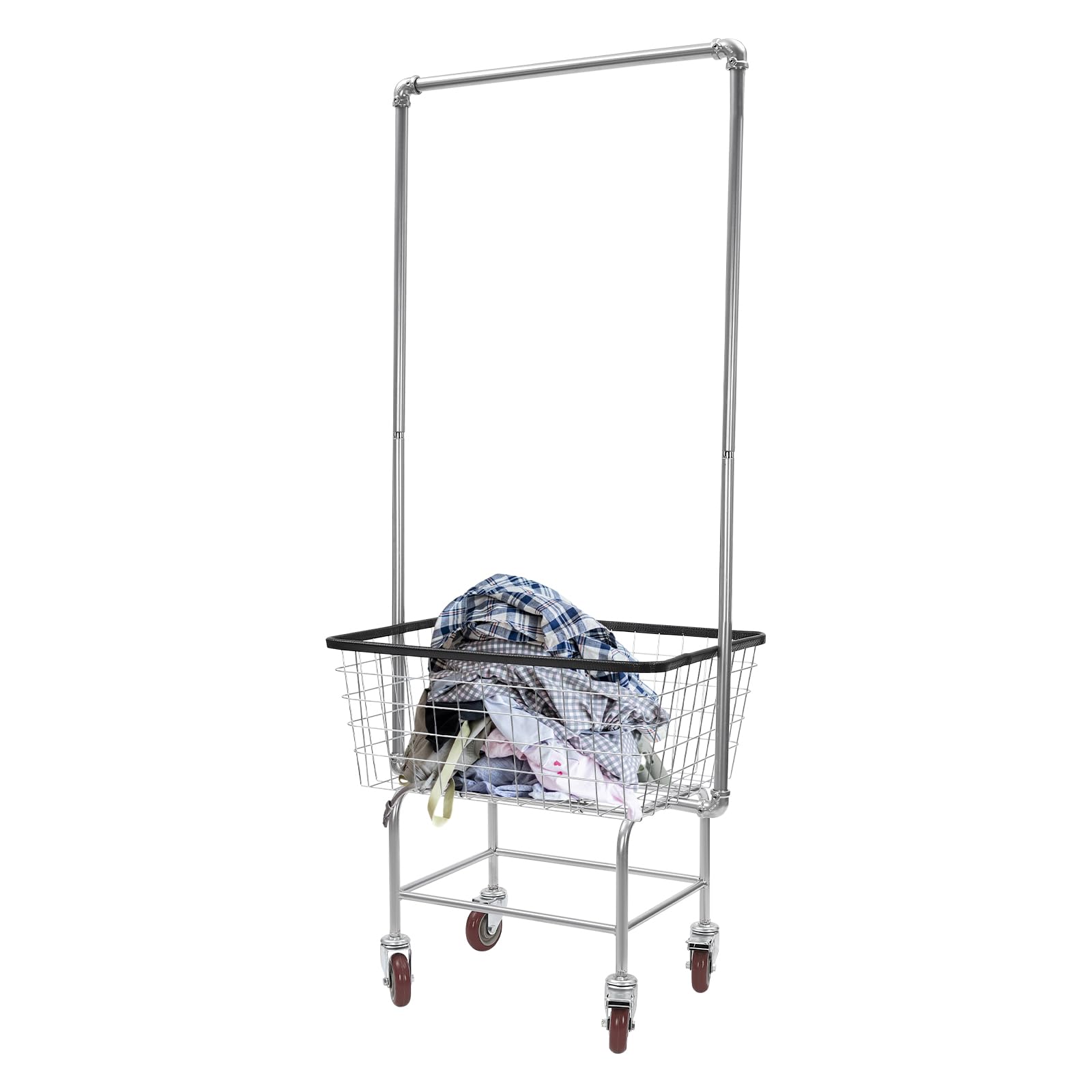 Heavy Duty Wire Laundry Cart, Rolling Laundry Basket with Hanging Garment Rack & Universal Wheels, Commercial Laundry Hamper Cart, Freestanding Laundry Storage and Organization