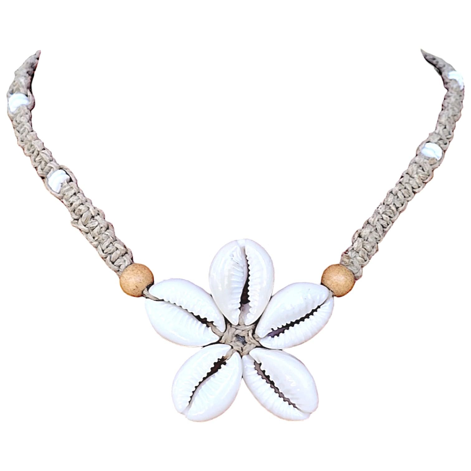BlueRica Cowrie Shells Flower Pendant on Braided Hemp Cord Choker Necklace with Puka Shell Beads