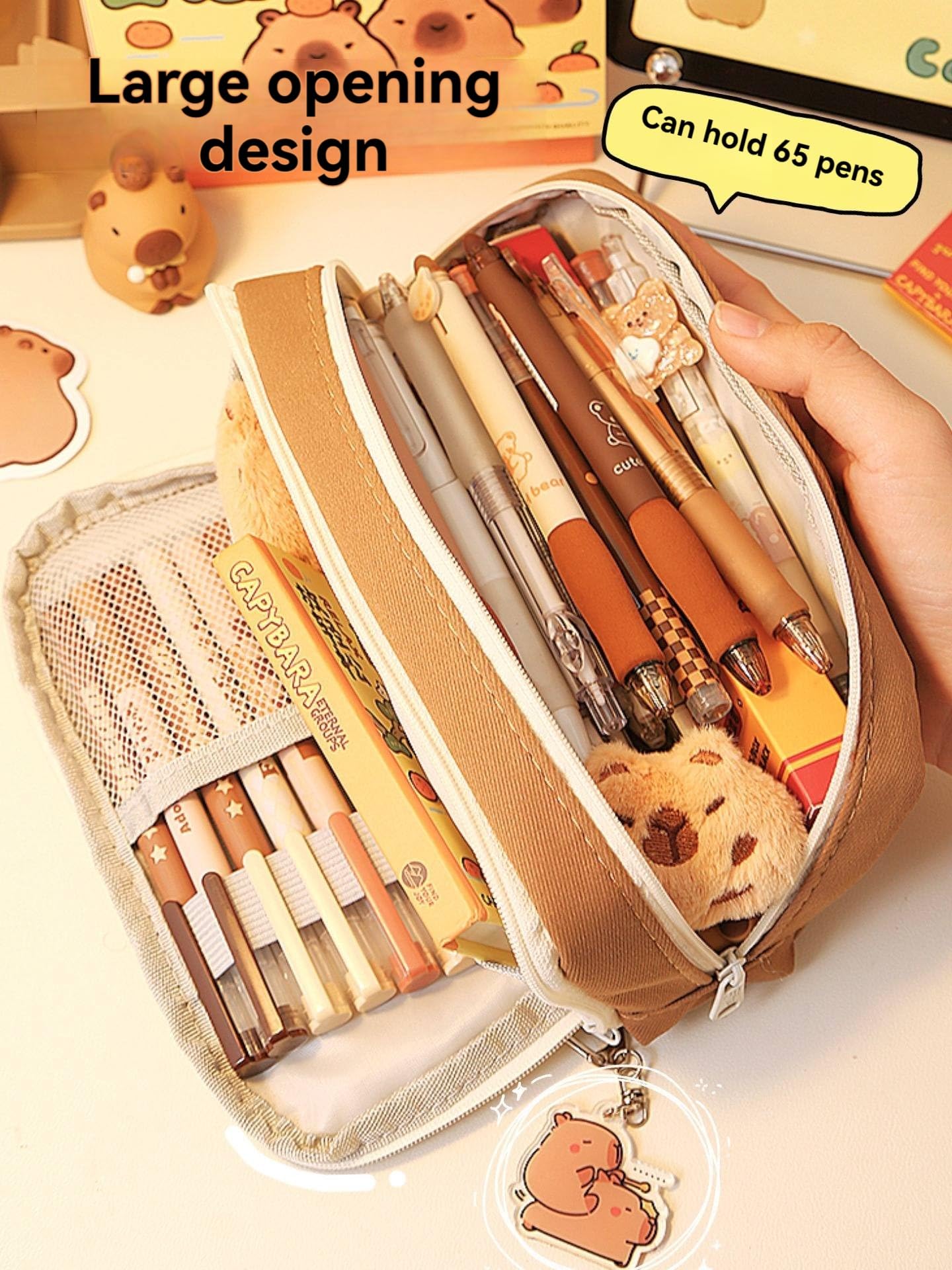 forzma Open Wide 4 Compartment Pencil Case Pen Pouch Canvas Capybara with Pen Slots Grids Bonus Pin Brown/Black (Milk Coffee)