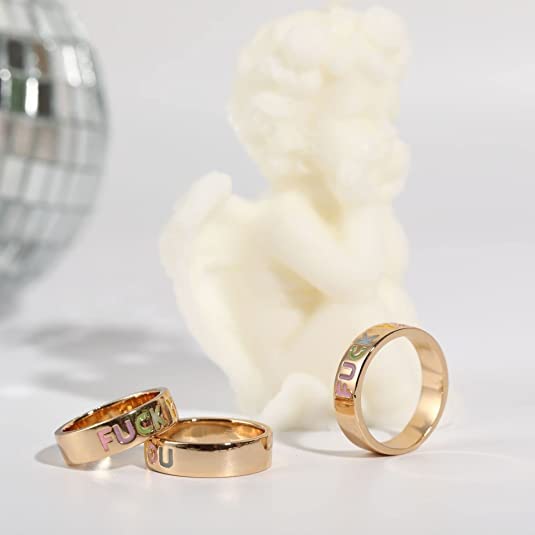 COLORFUL BLING Fuck You Ring Y2k Gold Plated Enamel Stackable Knuckle Joint Ring for Women Inspirational Middle Finger Tail Band Ring Personality Jewelry Gifts-SIZE 7