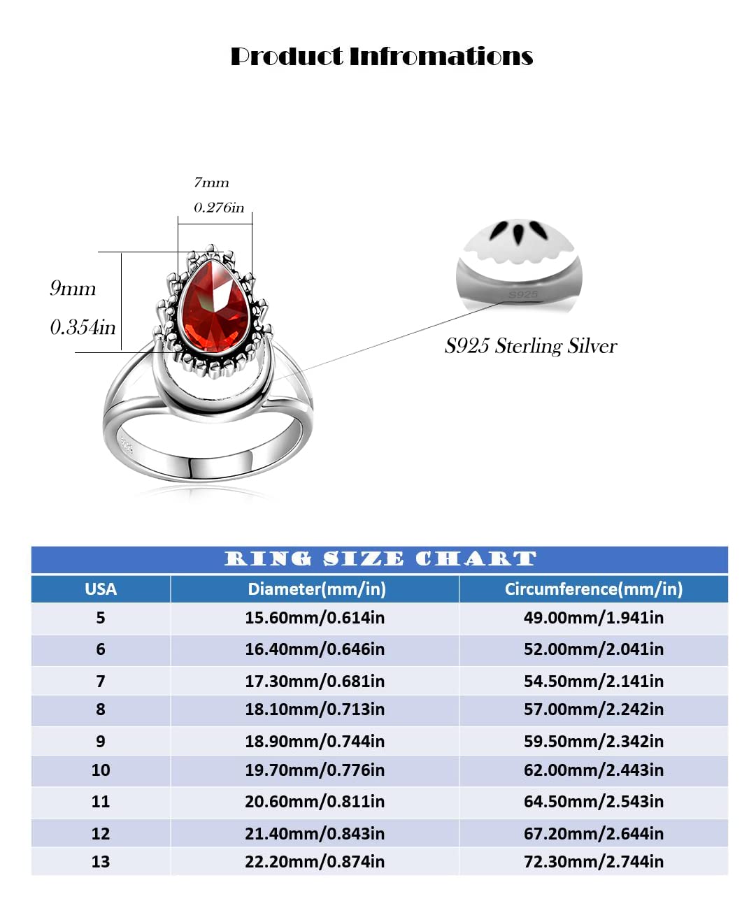 DALEGEM Crescent Moon Topaz Ring for Women,S925 Sterling Silver Pyramid Waterdrop Shaped Crystal Birthstone Gemstone Boho Ring Jewelry (Ring_Red, 6)