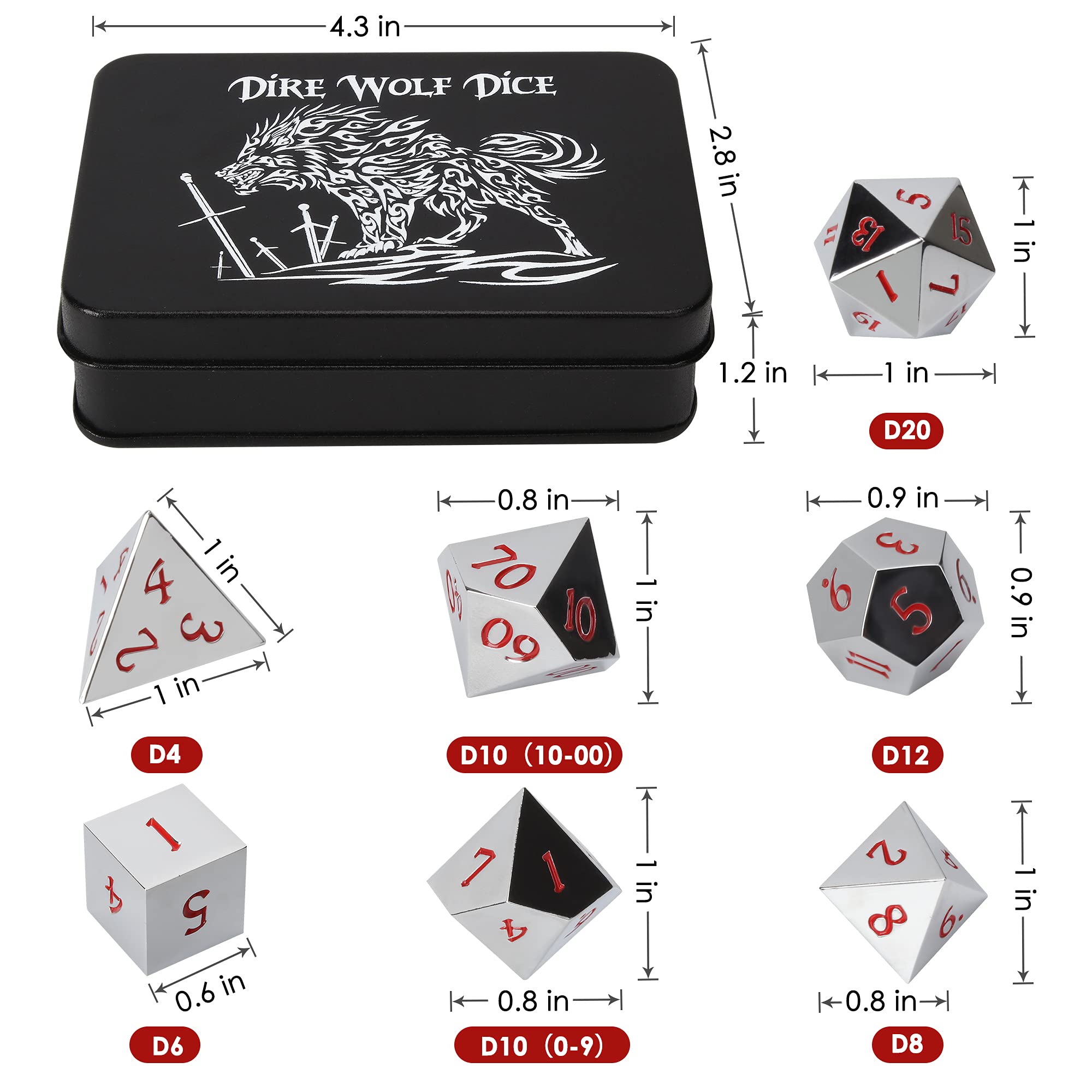 Metal Polyhedral DND Dice Set (7 Game Dice Plus Custom Tin Case) Dire Wolf Dice Gift Set for Role Playing RPG Like Dungeons and Dragons D&D, Pathfinder, Magic The Gathering MTG Games… (Silver & Red)…