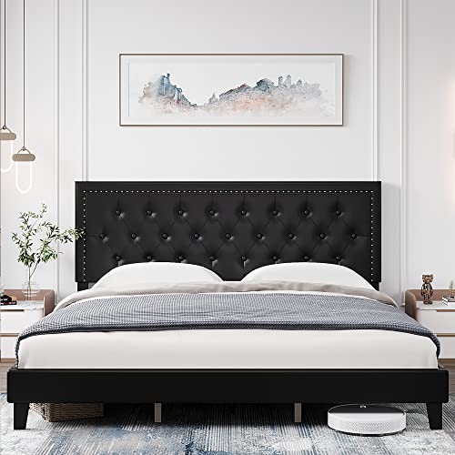 Homhougo Full Size Bed Frame with Adjustable Headboard, Upholstered Platform Bed with Button Tufted Faux Leather Headboard, Wood Slat Support, Noise-Free, No Box Spring Needed, Easy Assembly, Black