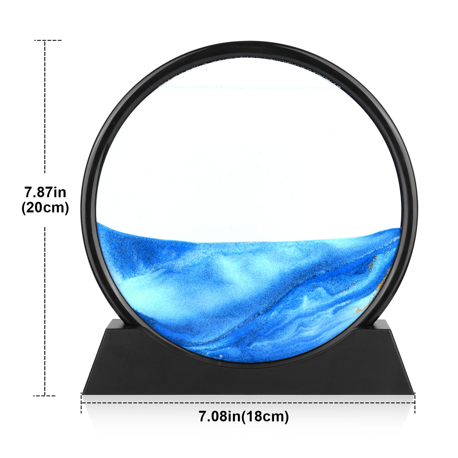 costand Moving Sand Art Picture with Round Glass, 3D Deep Sea Sandscape in Motion Display, Flowing Arc Frame Relaxing Desktop Home Office Work Decor, Room Decoration(7' Blue, 7''