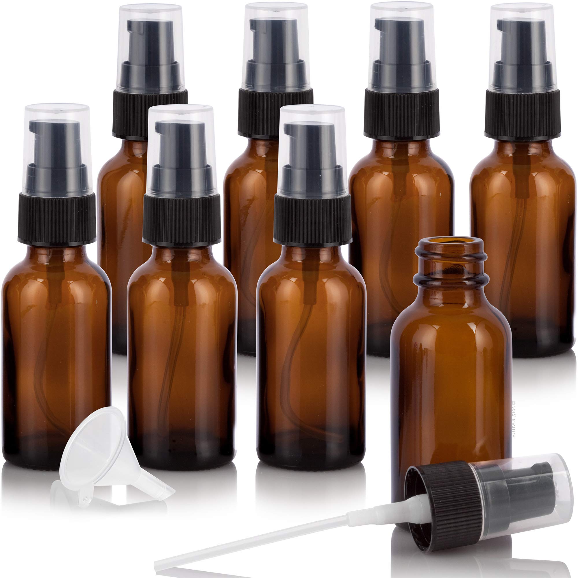 JUVITUS 2 oz Amber Glass Boston Round Black Treatment Pump Bottle (8 pack) + Funnel