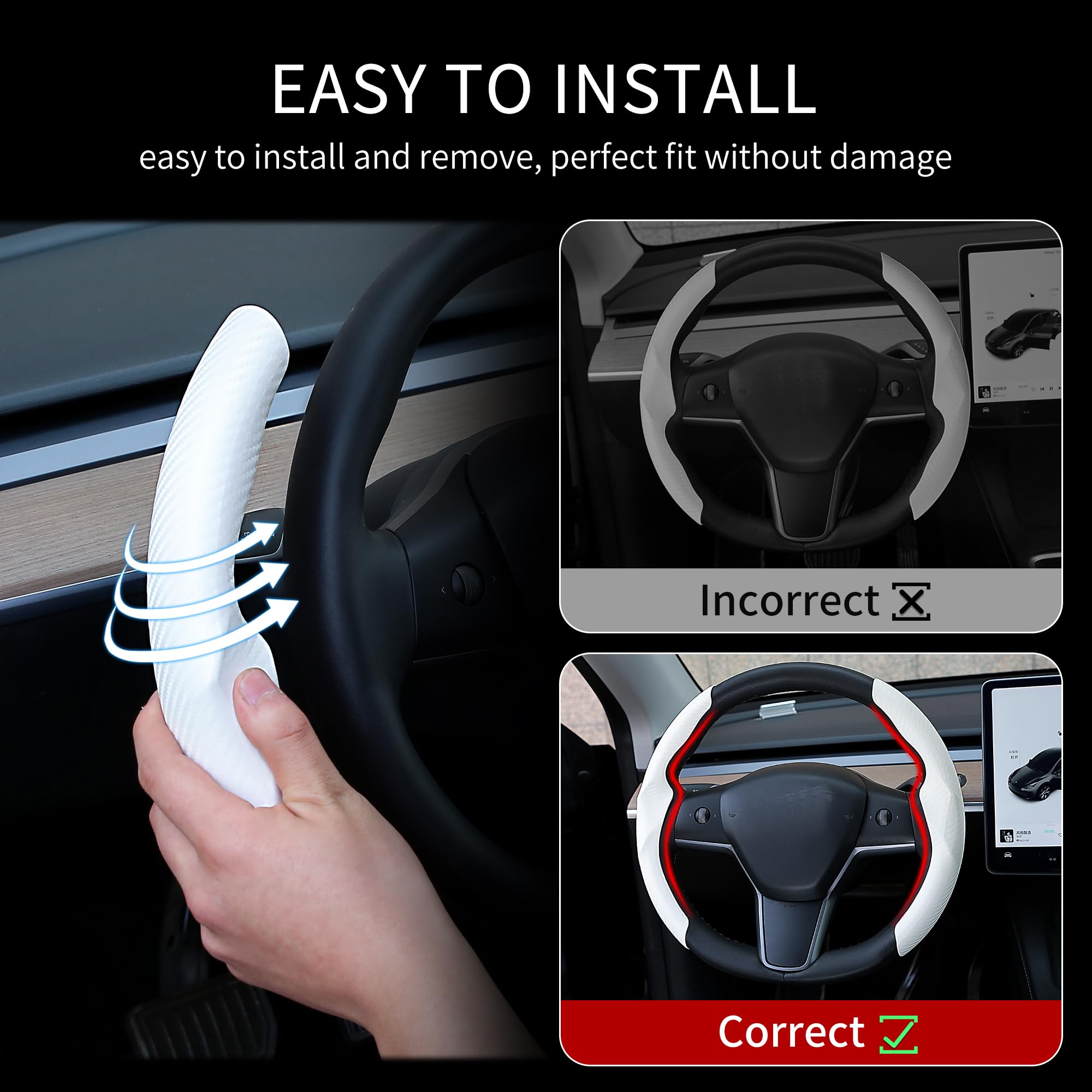 Carbon Fiber Steering Wheel Cover for Tesla Model 3/Y Steering Wheel Wrap Protector Anti-Slip Interior Compatible with Tesla Accessories (White)
