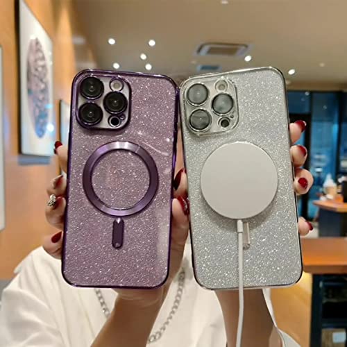 Fycyko Compatible with iPhone 12 Case Magsafe Glitter,Bling Luxury Cute Flexible Magnetic Phone Case Camera Protection Shockproof for Women Girl Men Design for iPhone 12 6.1 inch-Purple