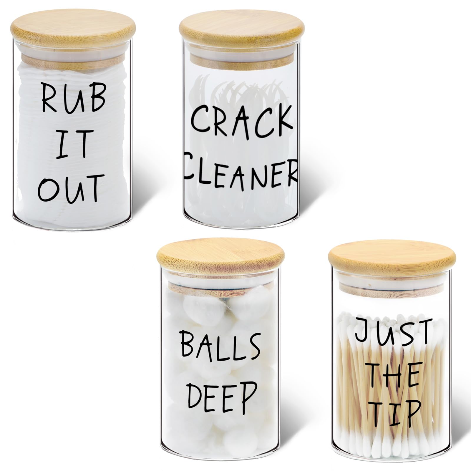 FyndraX Bathroom Organizer Holder Jars Set of 4, Funny Decor Qtip Glass Canister Containers for Guest Room, Restroom and Washroom Storage of Cotton Ball, Cotton Swab, Cotton Round Pads, Floss