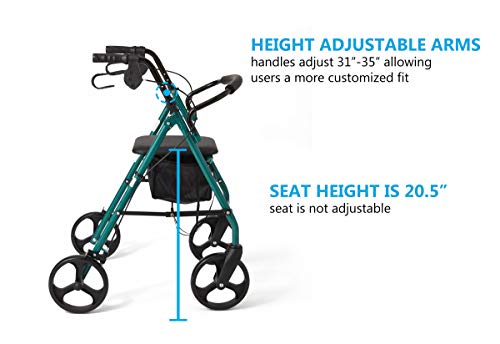 Medline Standard Steel Folding Rollator Walker with 8" Wheels, Supports up to 350 lbs, Green