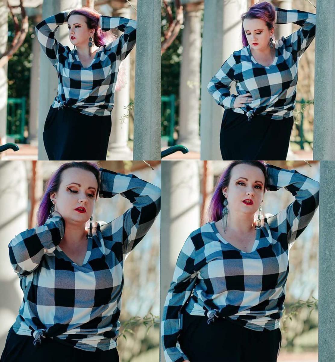 CARCOS Womens Plus Size Tops Checkered Long Sleeve Shirts V Neck Pullover Tunics Casual Black White Sweatshirts 5XL 26W 28W