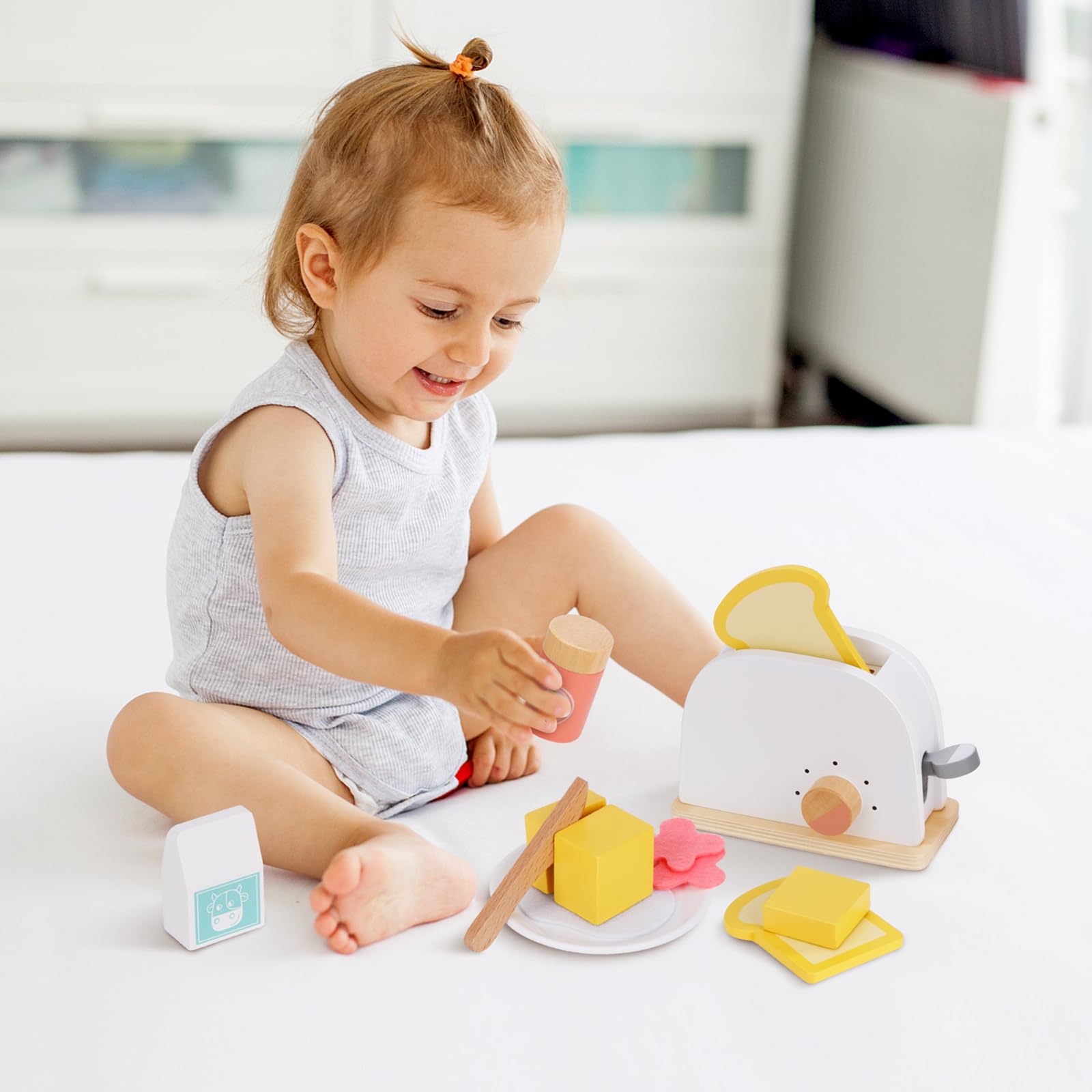 TOOKYLAND Wooden Pop Up Toaster Play Set, Play Toaster for Kid Kitchen, Wooden Play Kitchen Set with Accessories (10 pcs)β¦