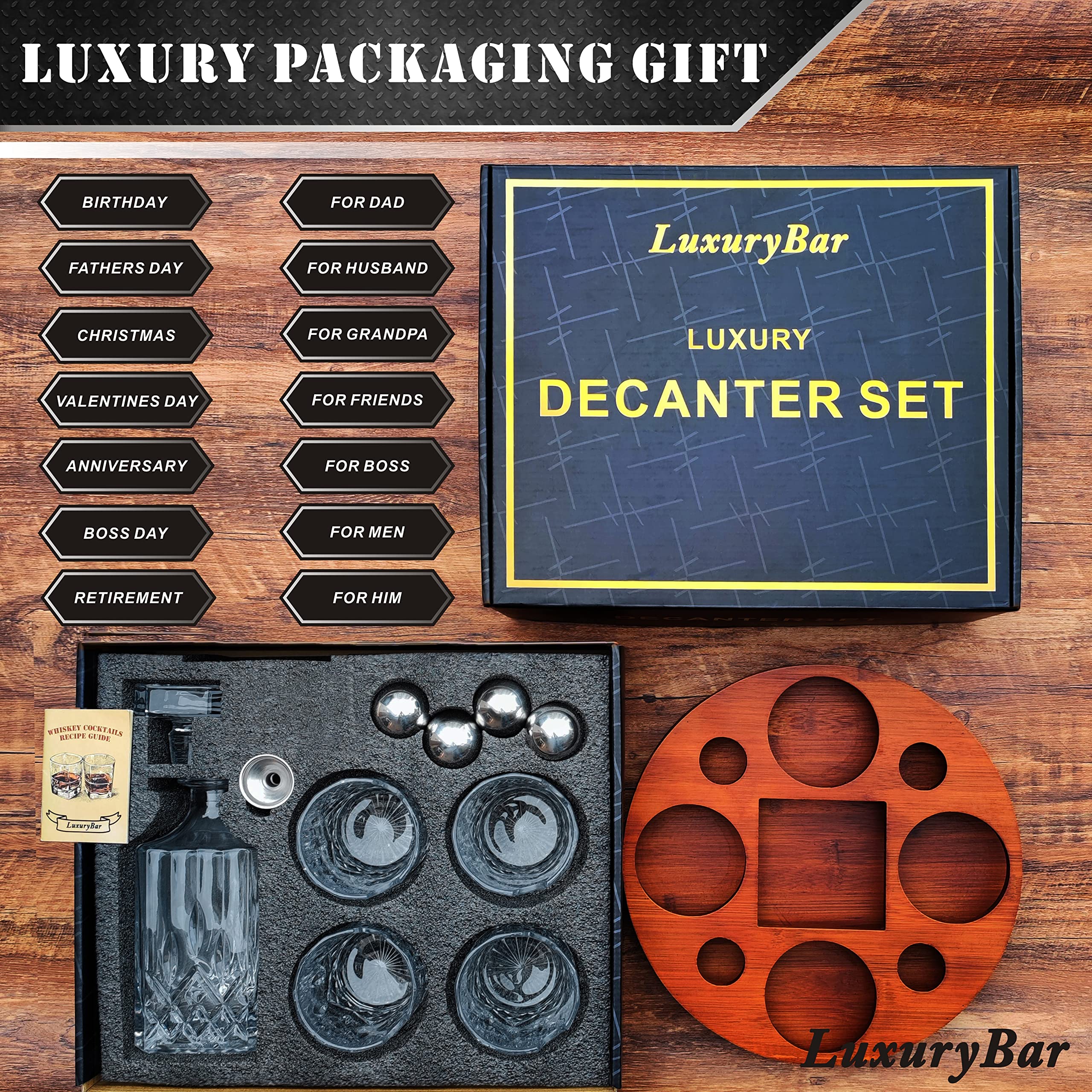 Cigar Whiskey Decanter Sets for Men with 4 Chillball & Bamboo Tray,Whiskey Decanter Set Liquor Decanter Whiskey Set Gifts for Men,Tequila Decanters for Alcohol,Bourbon Decanter