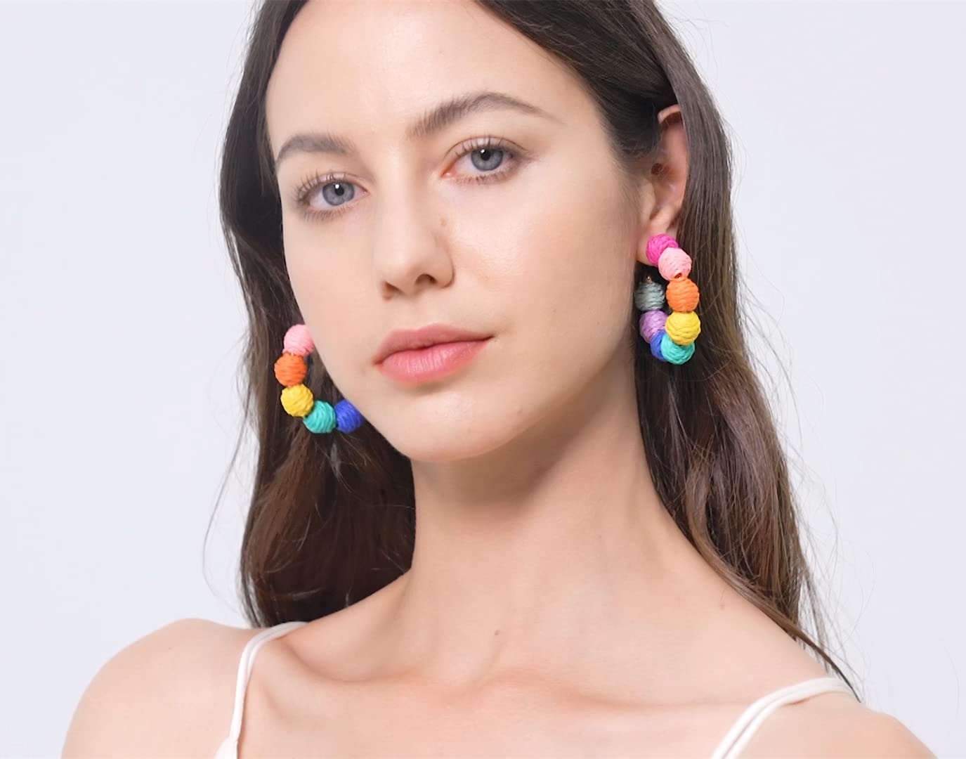 Colorful Statement Raffia Hoop Dangle Earrings for Women - Fun Summer Rattan Beach Vacation Jewelry Teacher Gifts (Colorful)